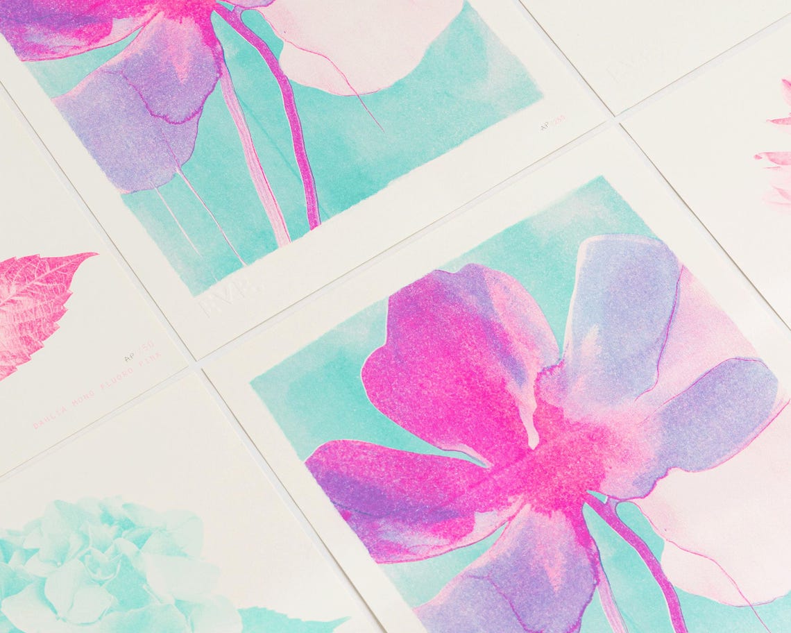Drippy Flower Risograph Print: Pink, Mint, and Blue - Limited Edition ...