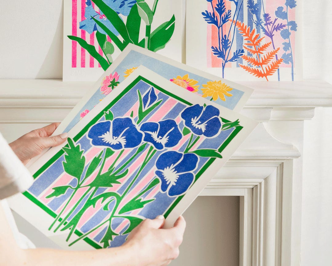 Violet Stripes Risograph Print: Botanical Wildflower Illustration, Limited Edition - Etsy