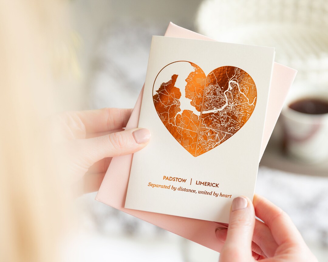 Personalised 2 Location Heart Map Card Metallic Foil Map - Etsy