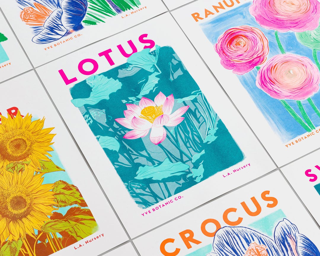Lotus Flower Print - Lotus Lily Pad Illustration Print - Risograph ...