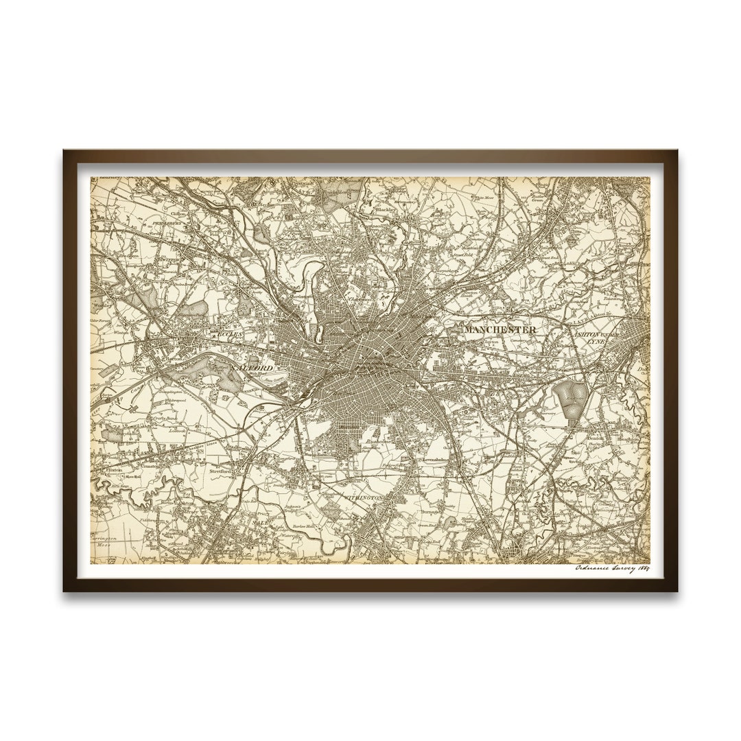 Manchester Map, Old Manchester Map, Mancunian, Ordnance Survey, Vintage ...
