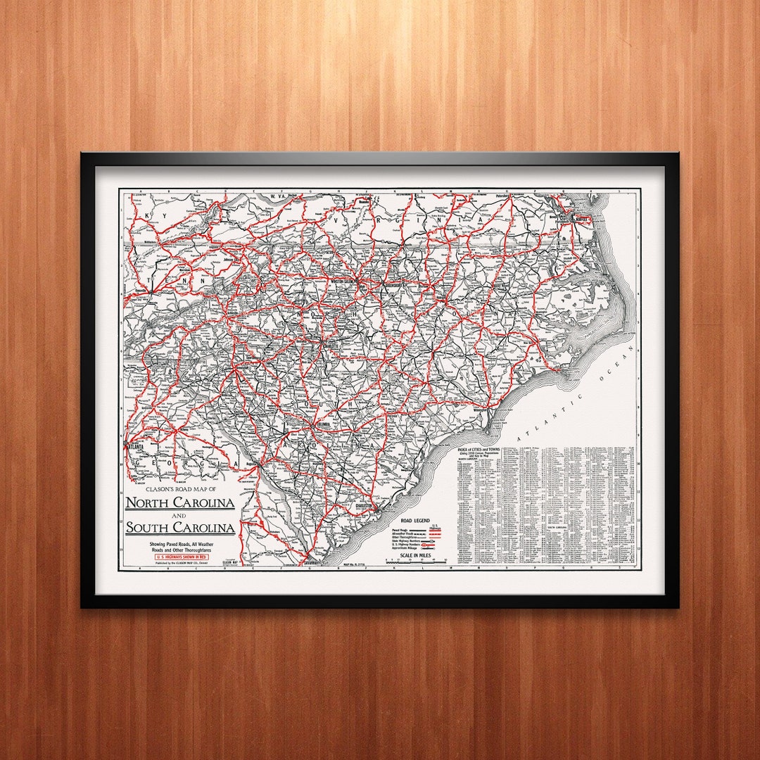 FRAMED North South Carolina State Map, Vintage Map Print, Clason Map Co ...