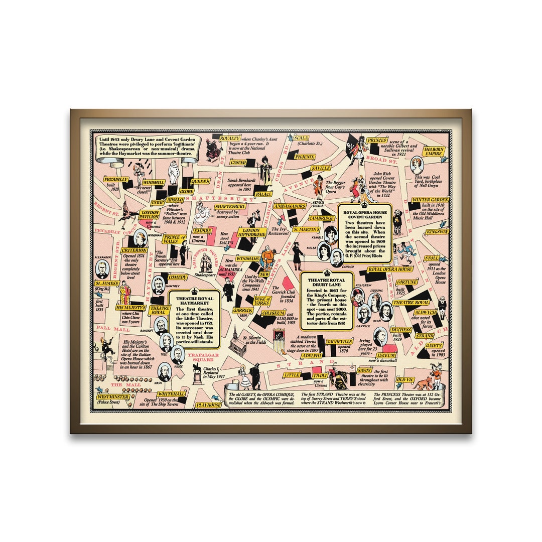 London Theatre Map Print, 1950s West End, Vintage Travel Poster - Etsy