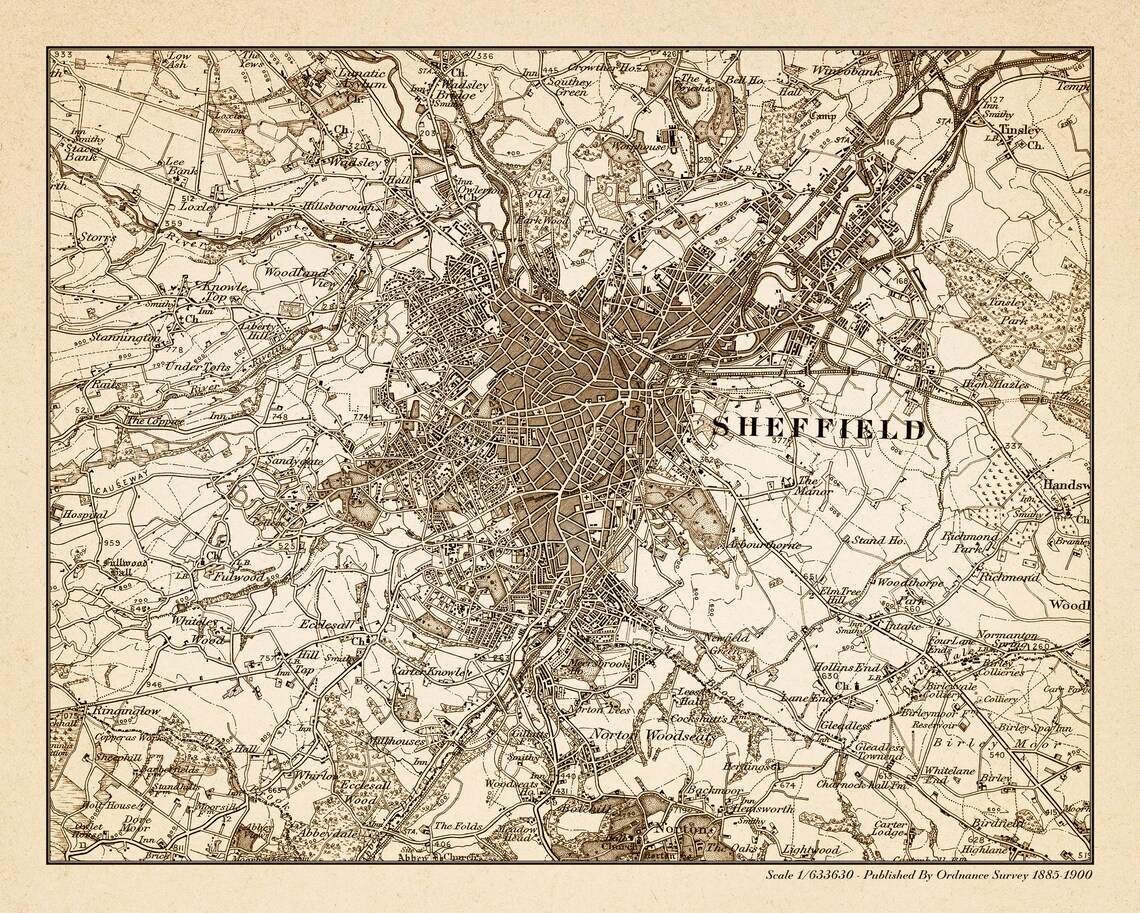 Sheffield Map Old Sheffield Map Vintage Map City Map Print | Etsy