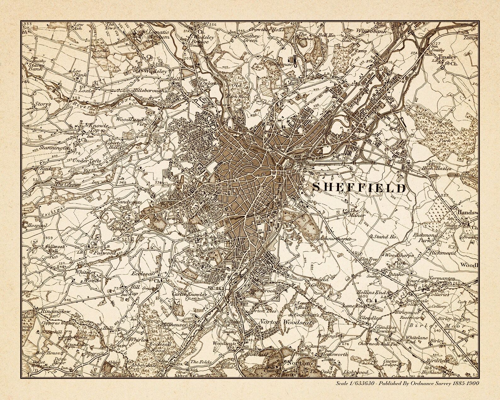 Sheffield Map Old Sheffield Map Vintage Map City Map Print | Etsy