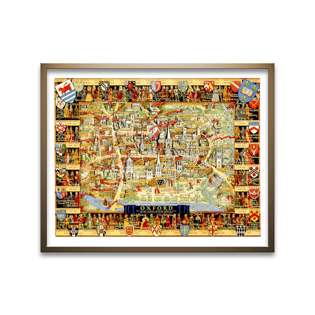 Illustrated Map of Oxford, 1948, Vintage Travel Poster, Vintage Wall ...