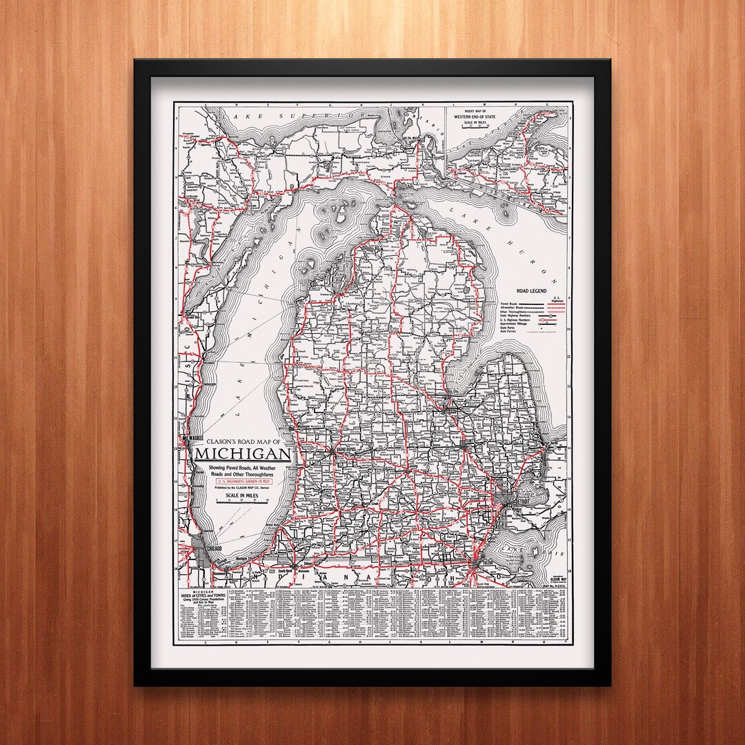 Michigan State Map, Old Michigan State Map, Vintage Map Print, Clason ...