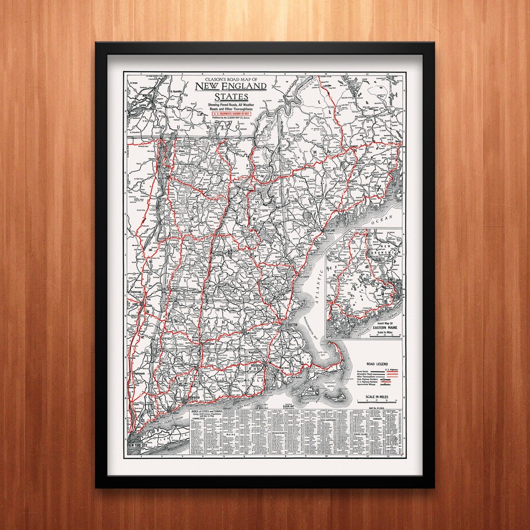 New England States Map, Old New England Map, Vintage Map Print, Clason ...