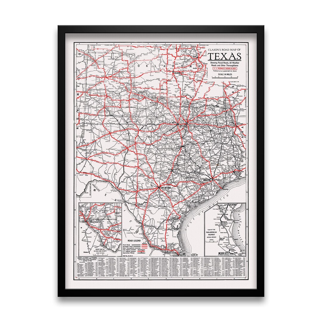 Texas State Map, Lone Star State Map, Vintage Map Print, Clason Map Co ...