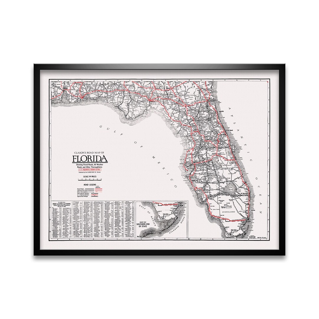 Florida State Map, Old Florida Map, Vintage Map Print, Clason Map Co ...
