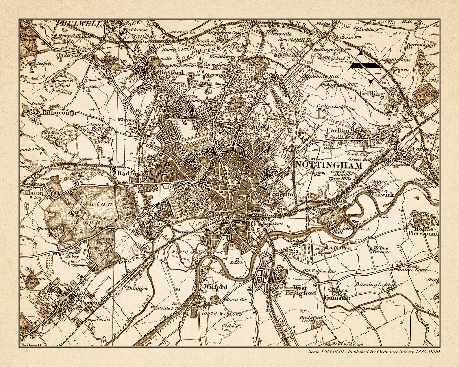 Nottingham Map Old Nottingham Map Vintage Map City Map | Etsy