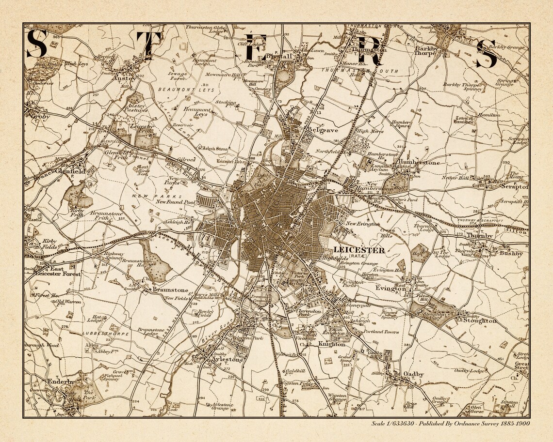 Leicester Map Old Leicester Map Vintage Map City Map Print | Etsy