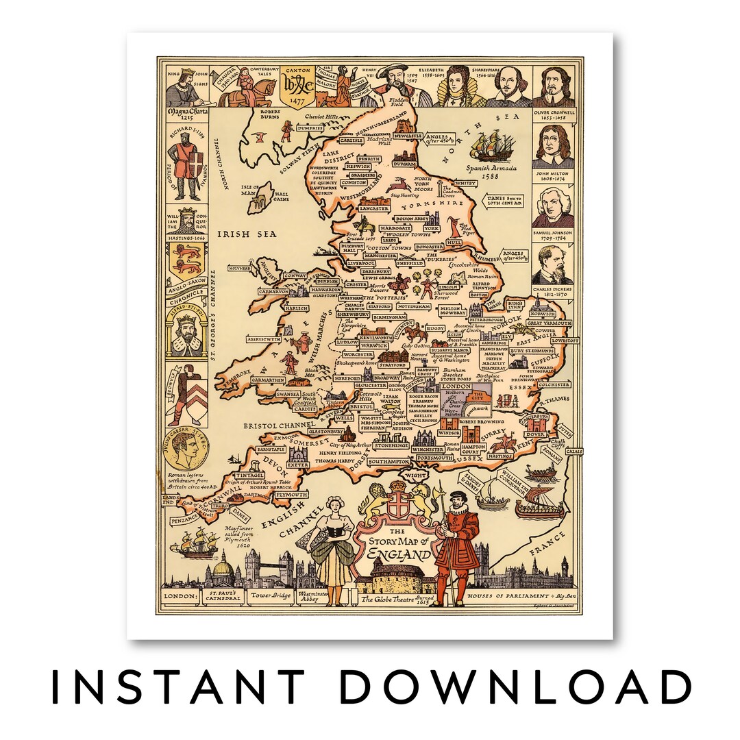 England Map, Old England Map, English Map, Vintage Map, Literary Map ...
