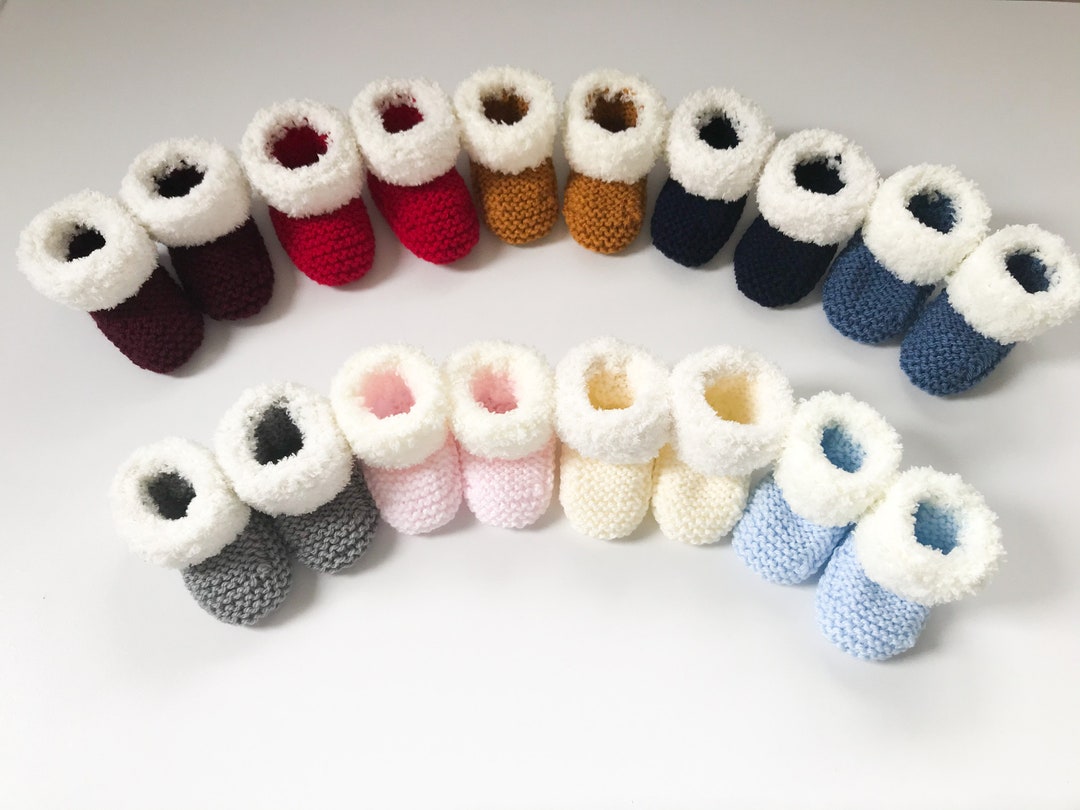 Hand Knitted Baby Booties With Fluffy Faux Shearling/ Fur Cuff - 0-3 ...