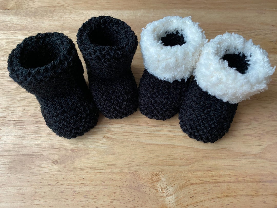 Hand Knitted Baby Booties in Black - Plain or With Fluffy Faux ...
