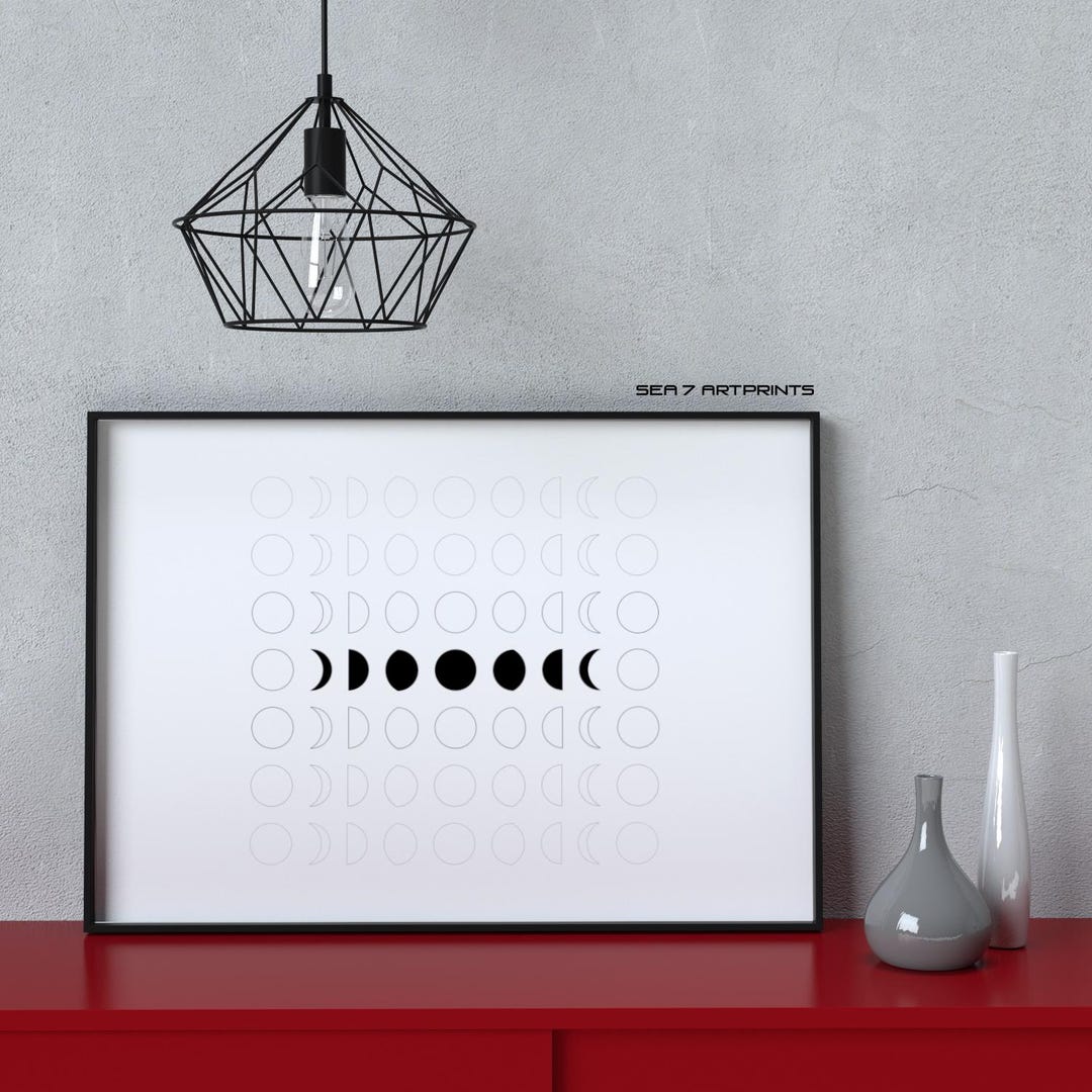 The Moon Phases White Multiple, Printable Art, Black and White, Instant ...