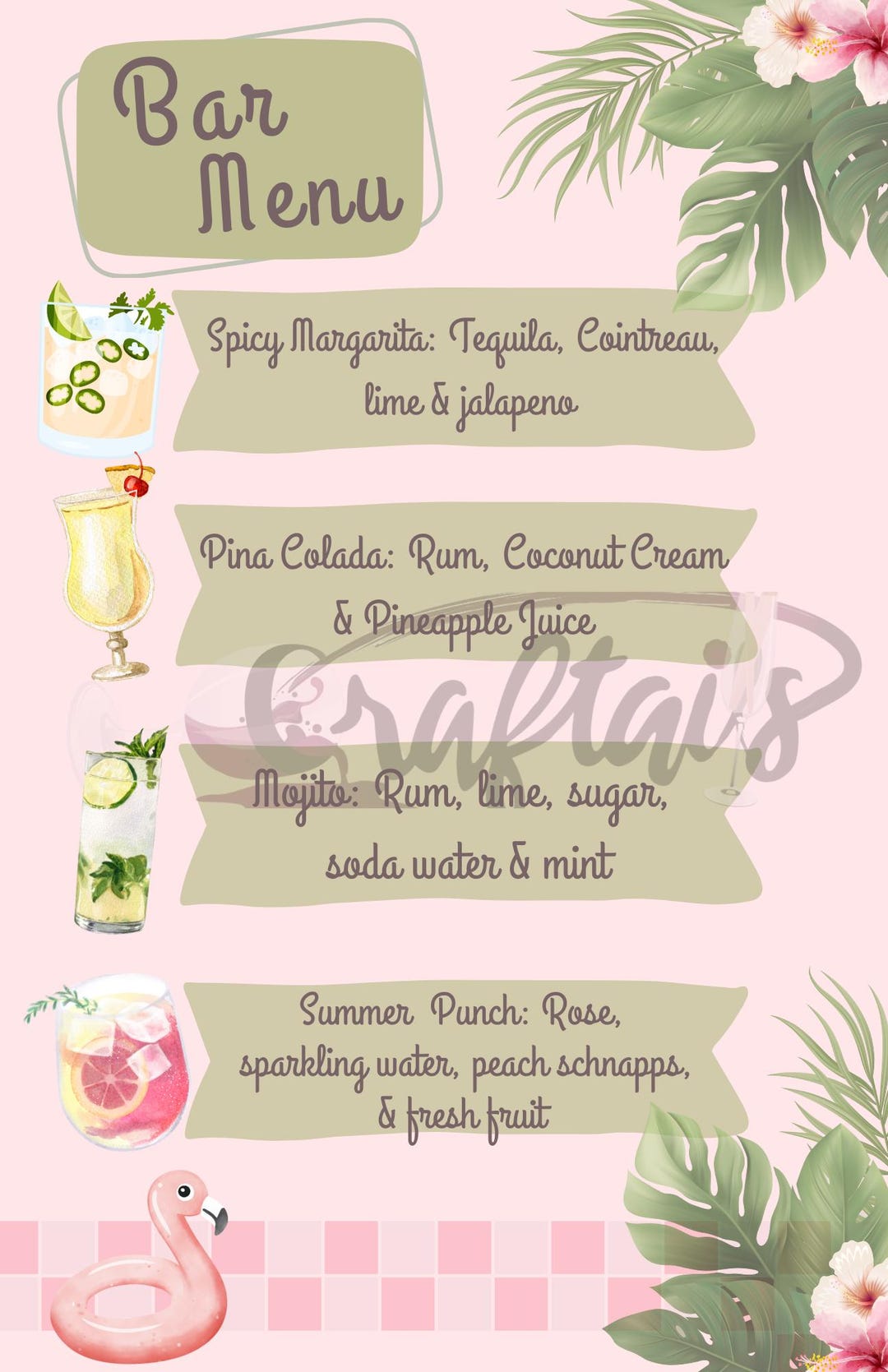 Watercolor Pink Bar Menu - Etsy