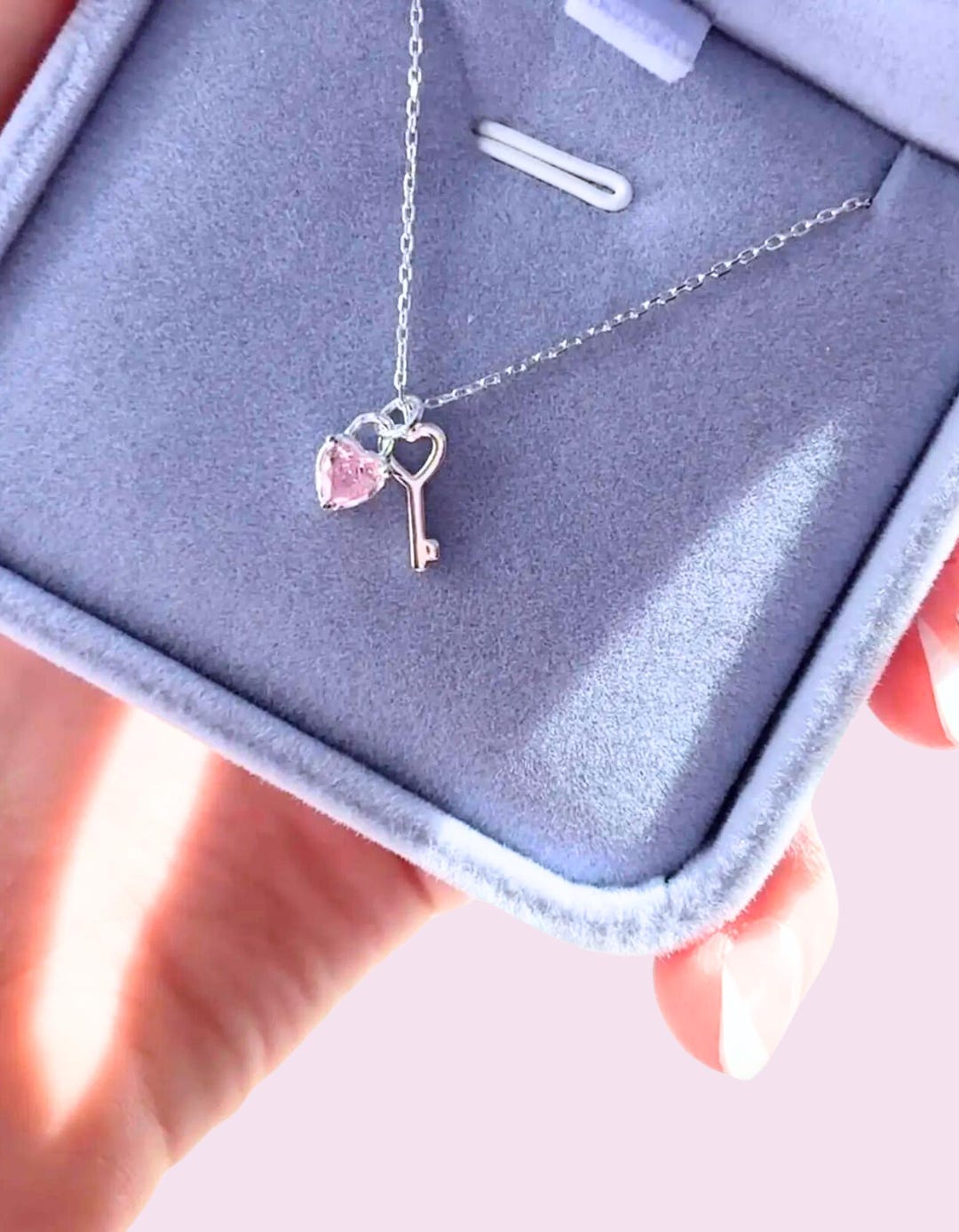 Pink Heart and Key Necklace in Sterling Silver - Etsy