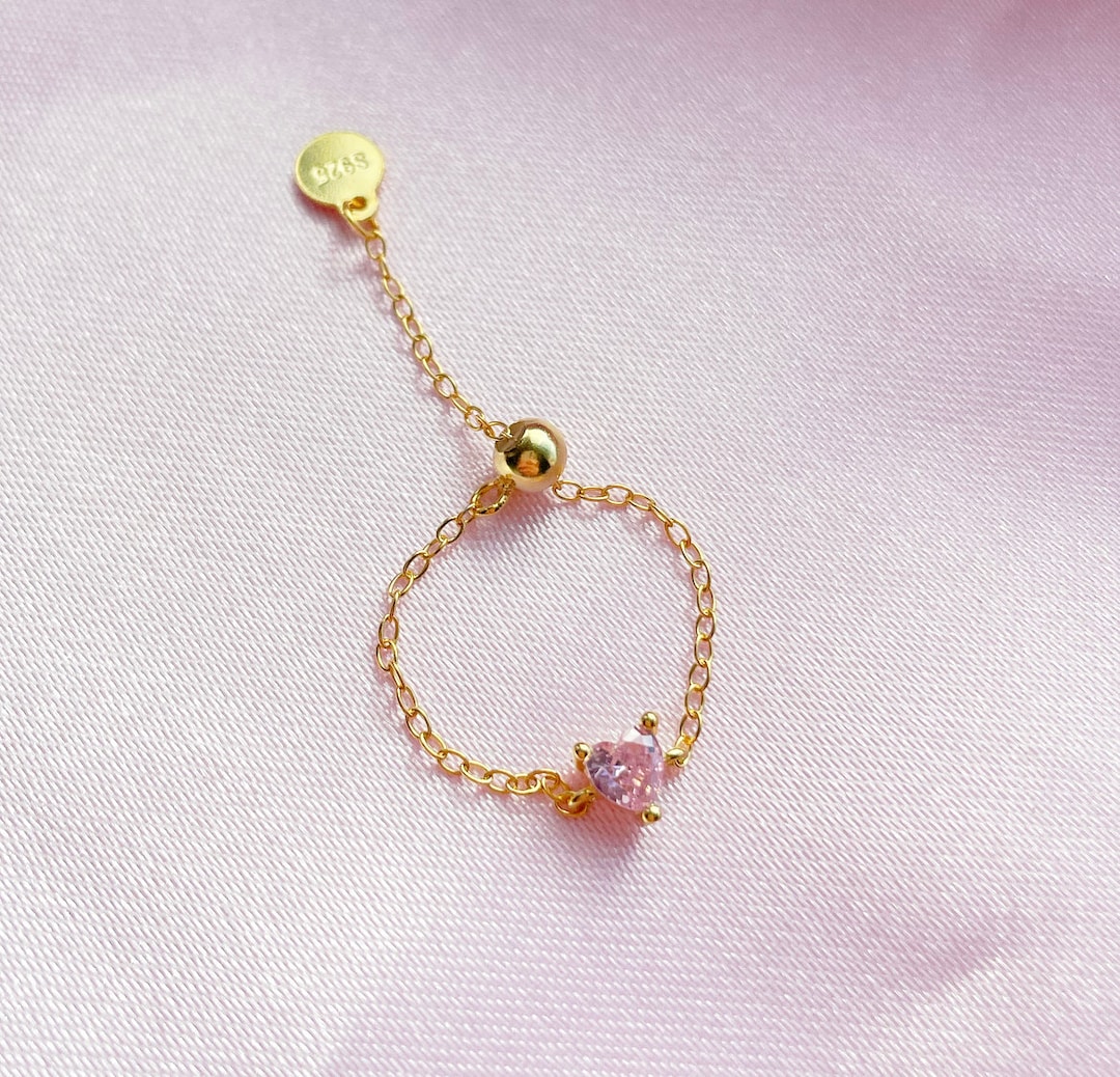 Pink Heart Gold Chain Adjustable Ring in Sterling Silver - Etsy