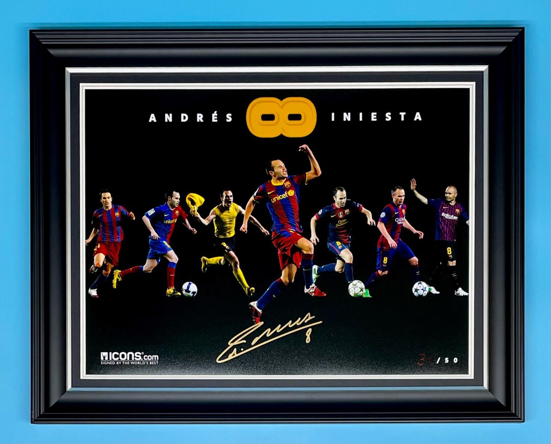 Andres Iniesta Signed Photo in Luxury Handmade Wooden Frame & AFTAL ...
