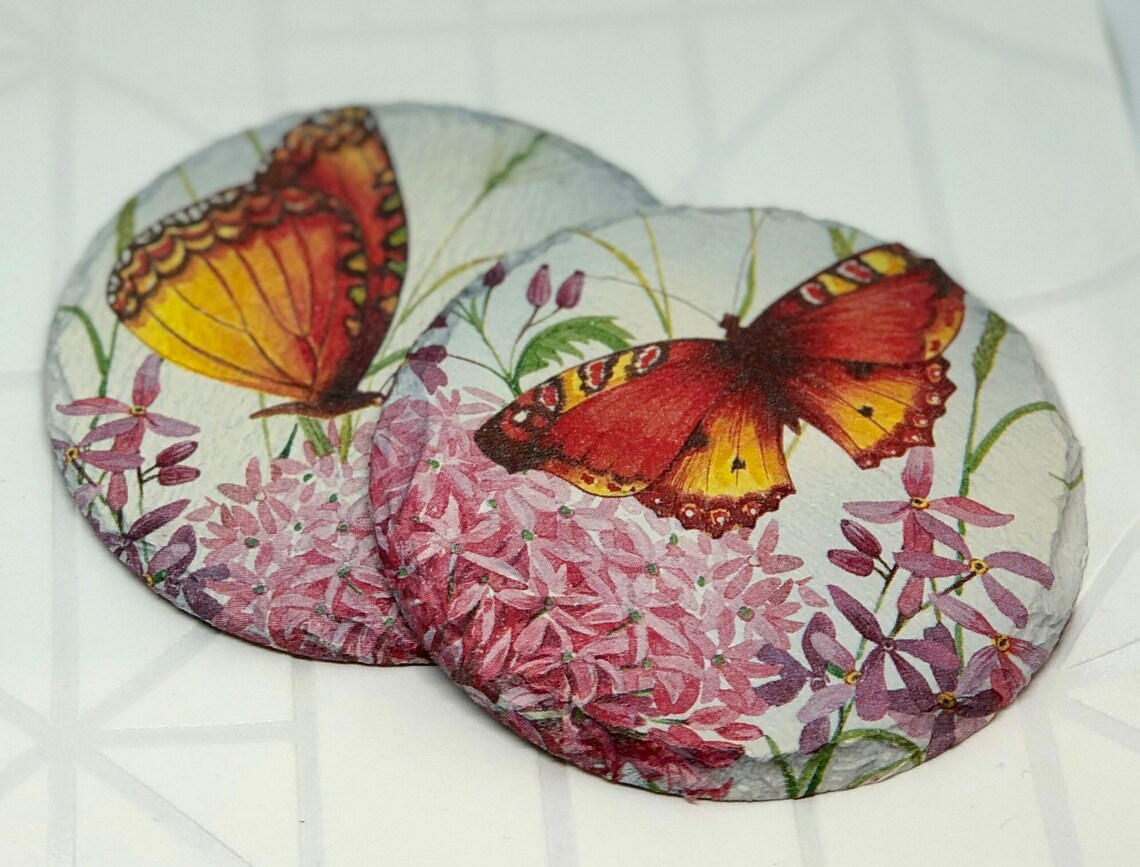 Butterfly and Flower Coaster, Slate Coaster, Floral Coaster, Butterfly ...