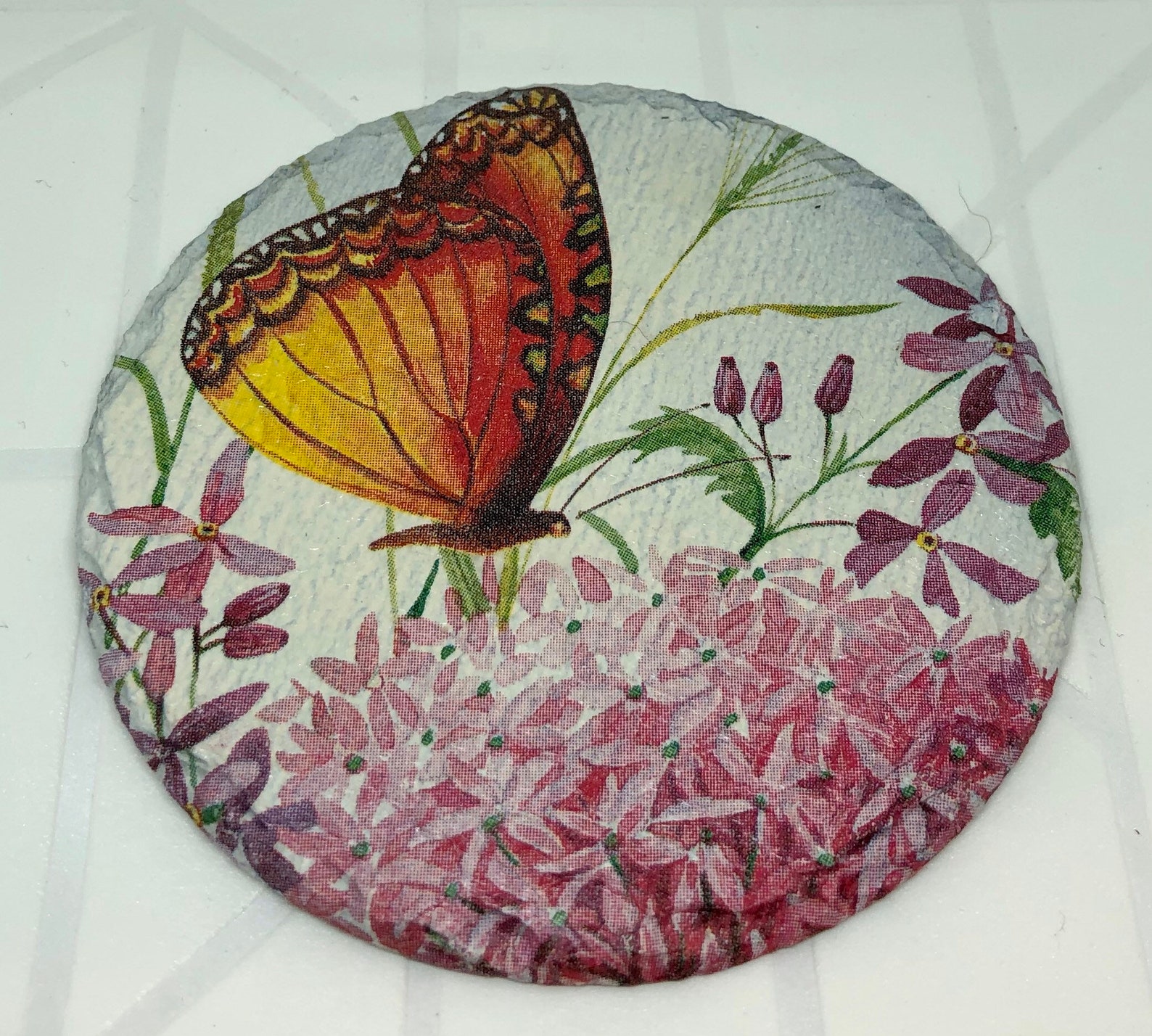 Butterfly and Flower Coaster, Slate Coaster, Floral Coaster, Butterfly ...