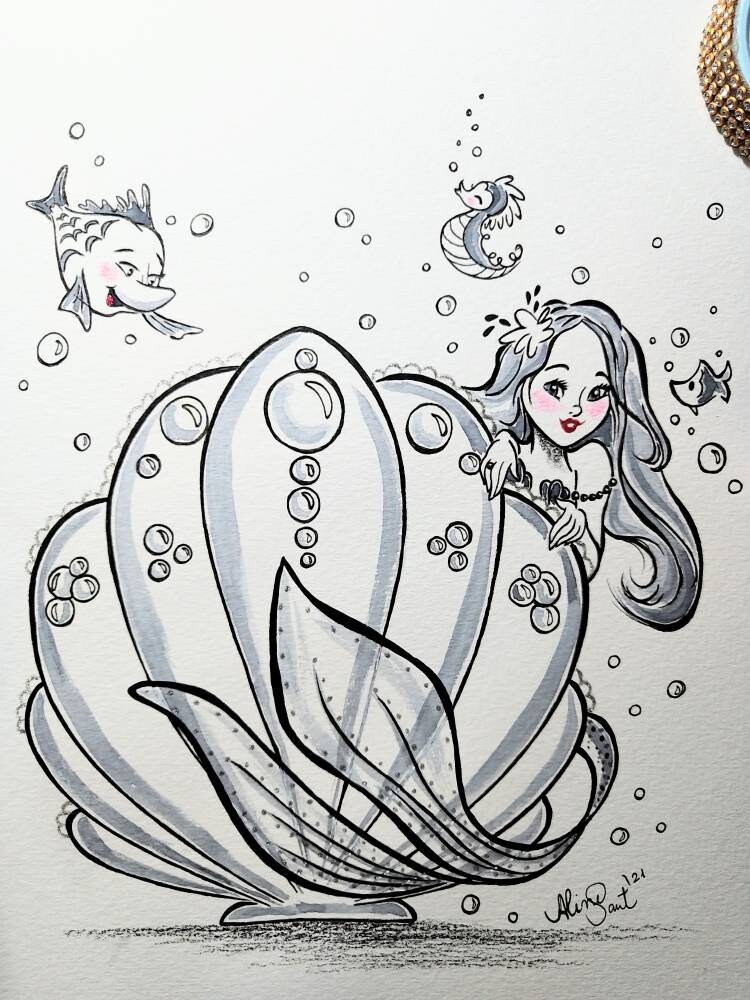 Original Sketch Mermaid in the Shell - Etsy