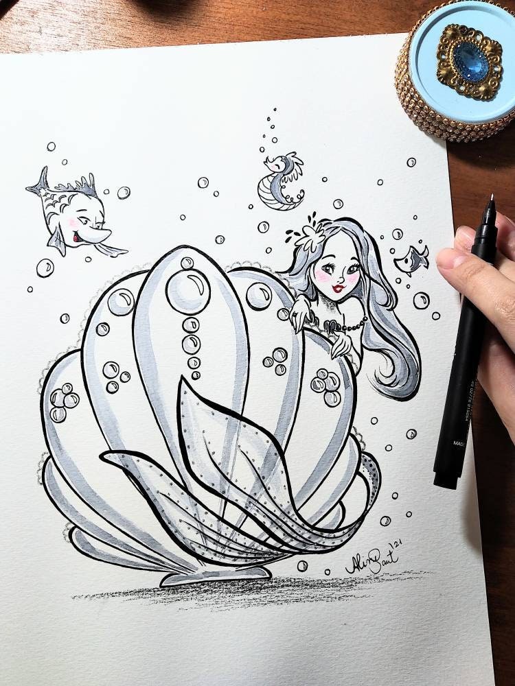 Original Sketch Mermaid in the Shell - Etsy