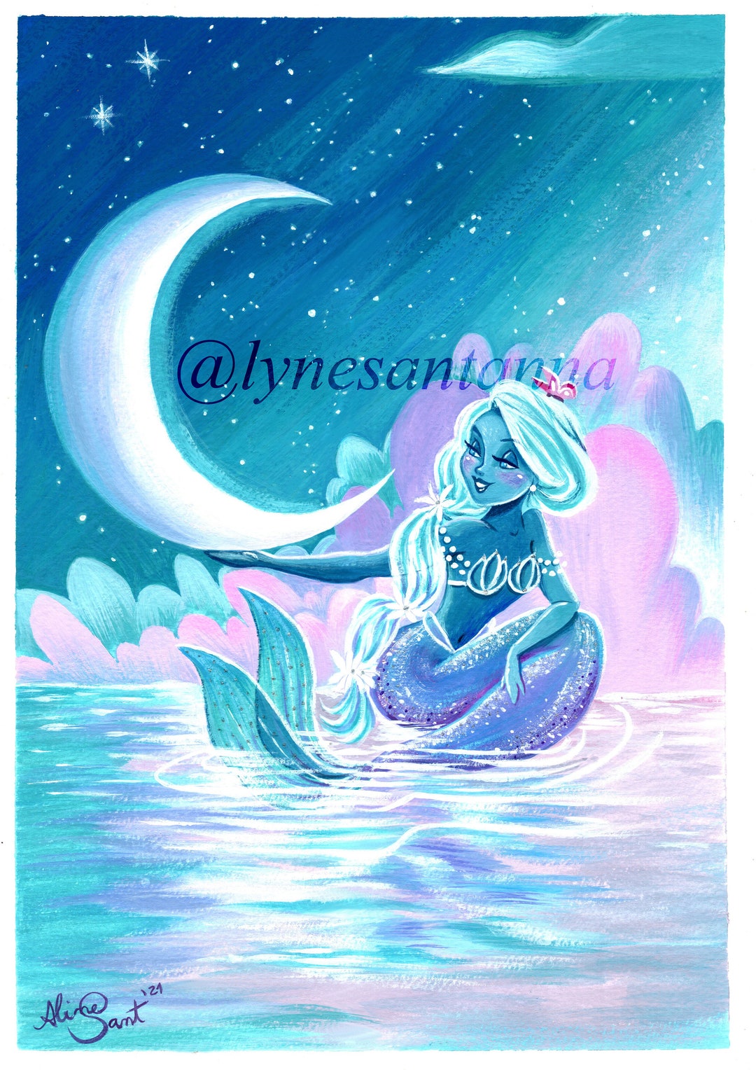 Mermaid in Moon Print - Etsy