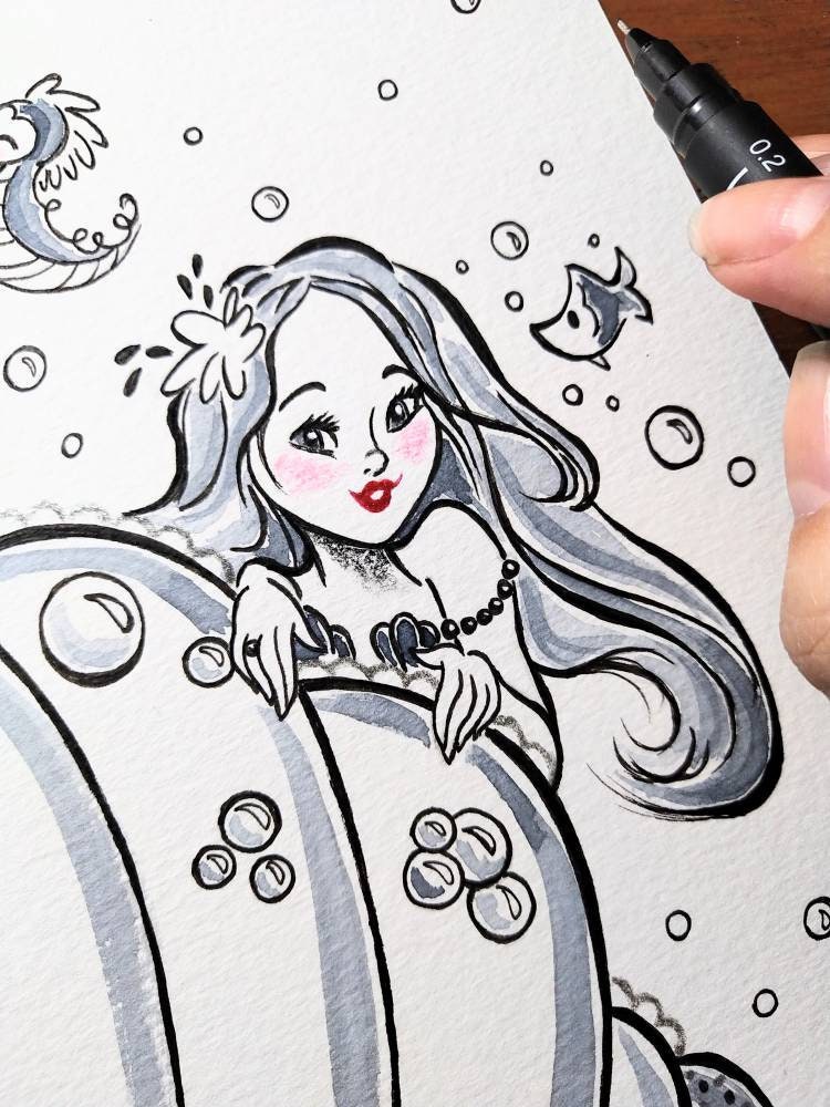 Original Sketch Mermaid in the Shell - Etsy