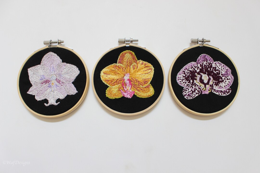 Set of Three Hand Embroidered Multi-color Orchids Wall Art, 4 ...