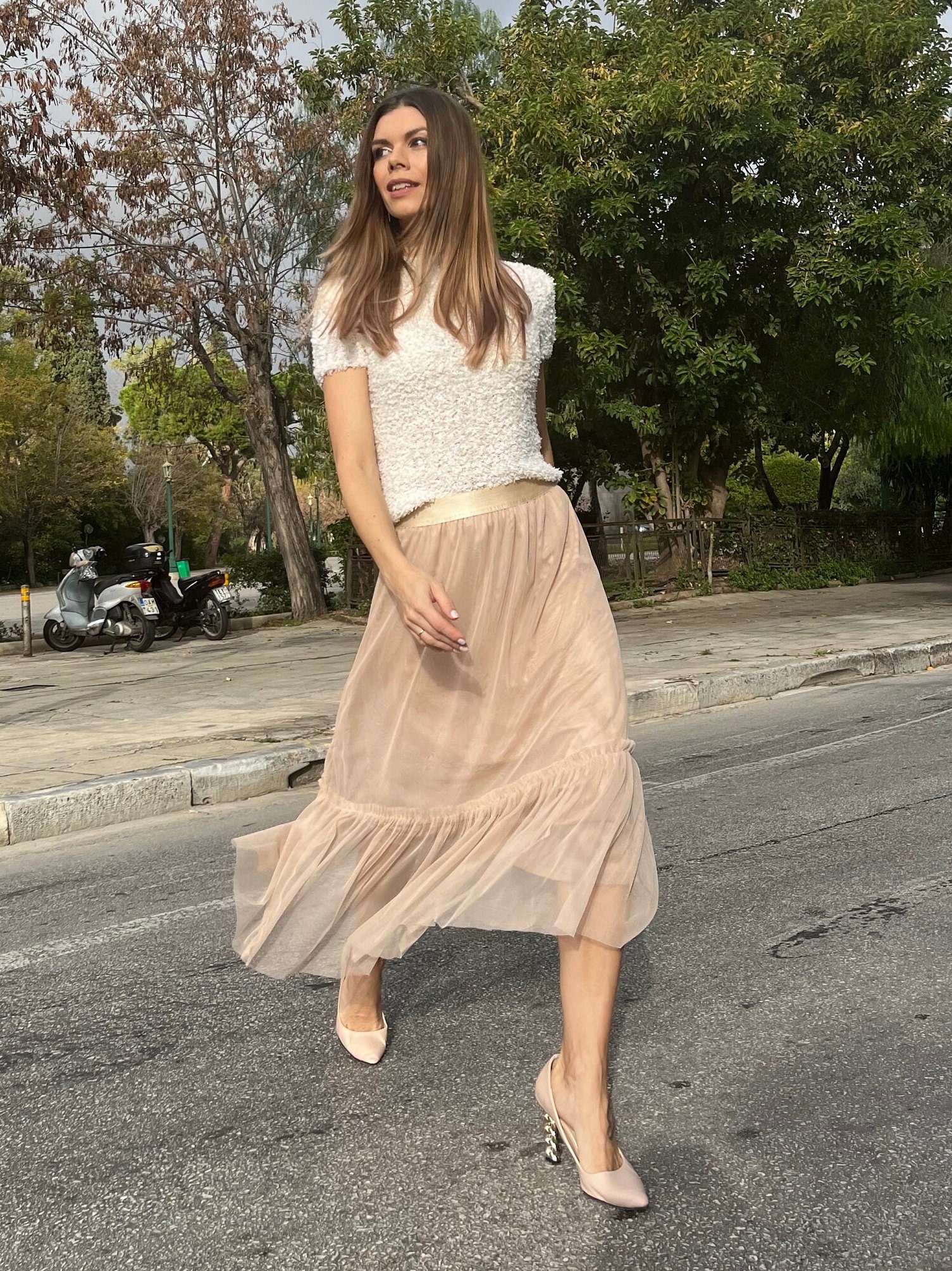 Beige Midi Tulle Skirt With Ruffle, Romantic Tulle Skirt With Ruffle ...