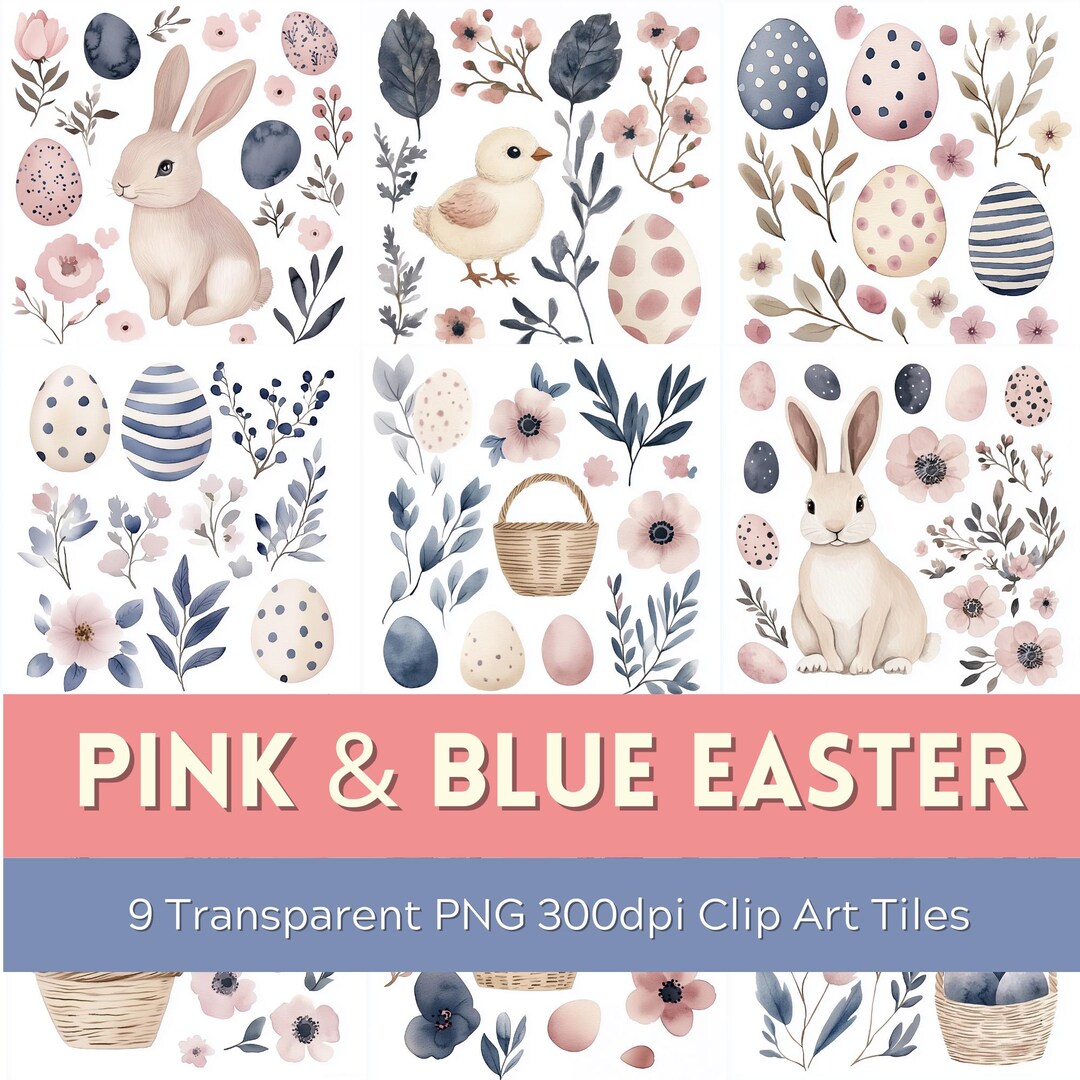 Dusty Pink and Blue Easter Clip Art • Cute Easter Bunny, Chickies ...