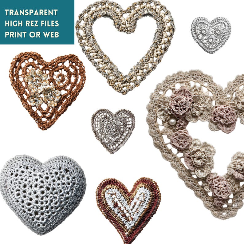 Neutral Colors Crochet Hearts Valentines Clip Art: Crocheted, Lacy ...