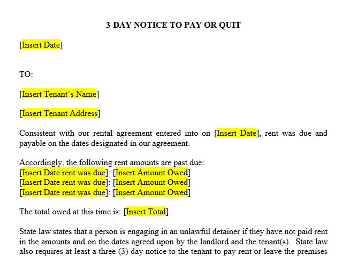 3-day Notice to Pay Rent or Quit - Landlord Eviction Form (microsoft ...