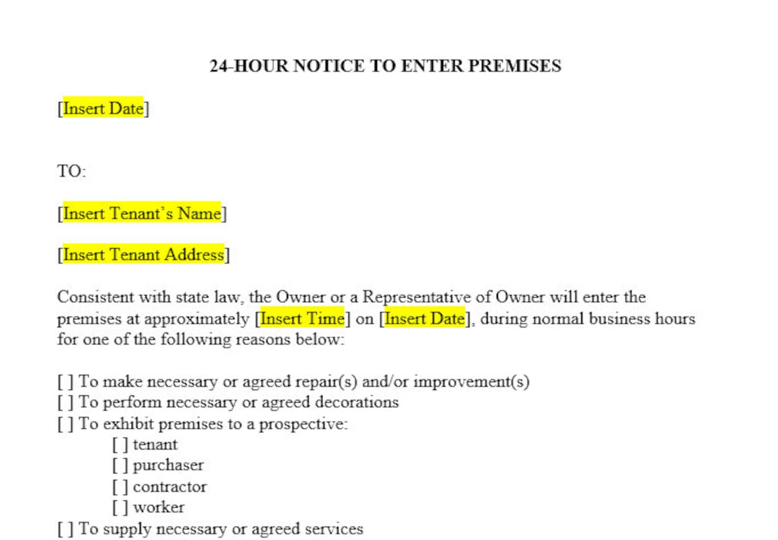 24 Hour Notice To Enter Template
