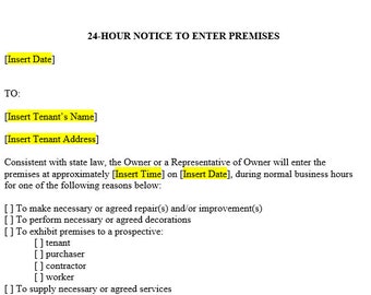 24-hour Notice to Enter (landlord to Tenant) - 24-hour Notice to Enter ...