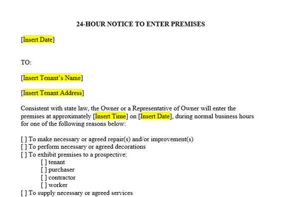 24-Hour Notice to Enter Premises | Etsy