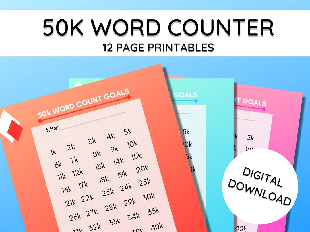 50k Word Count Printable | Word Tracker for Writers | Monthly Author ...