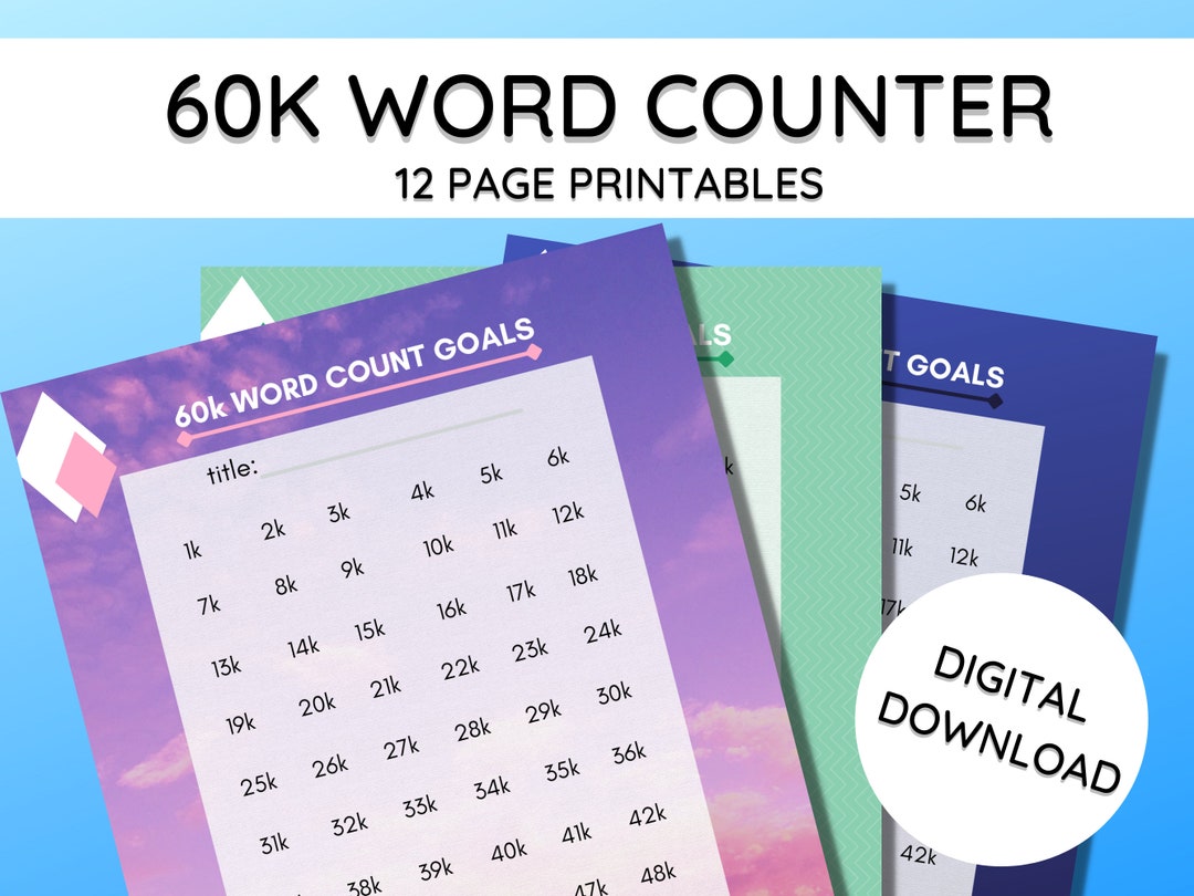 60k Word Count Printable | Word Tracker for Writers | Monthly Author ...