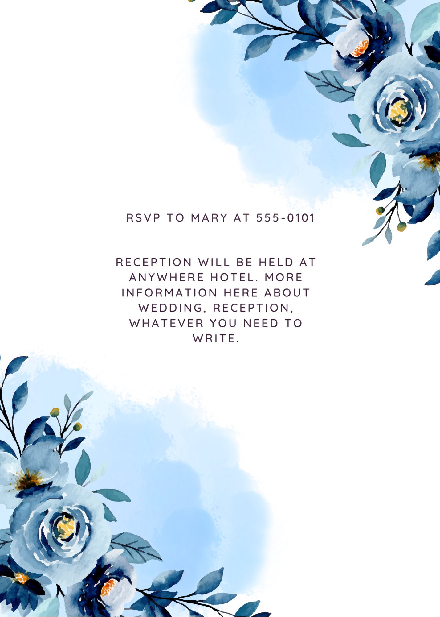 Wedding Invitation Floral Flowers EDITABLE TEMPLATE - Blue Floral ...