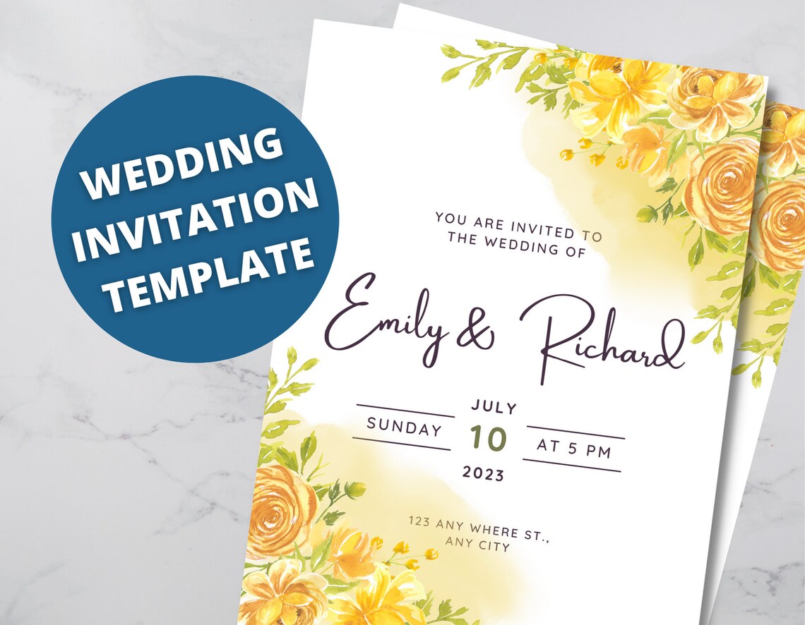 Wedding Invitation Floral Flowers EDITABLE TEMPLATE - Yellow Floral ...