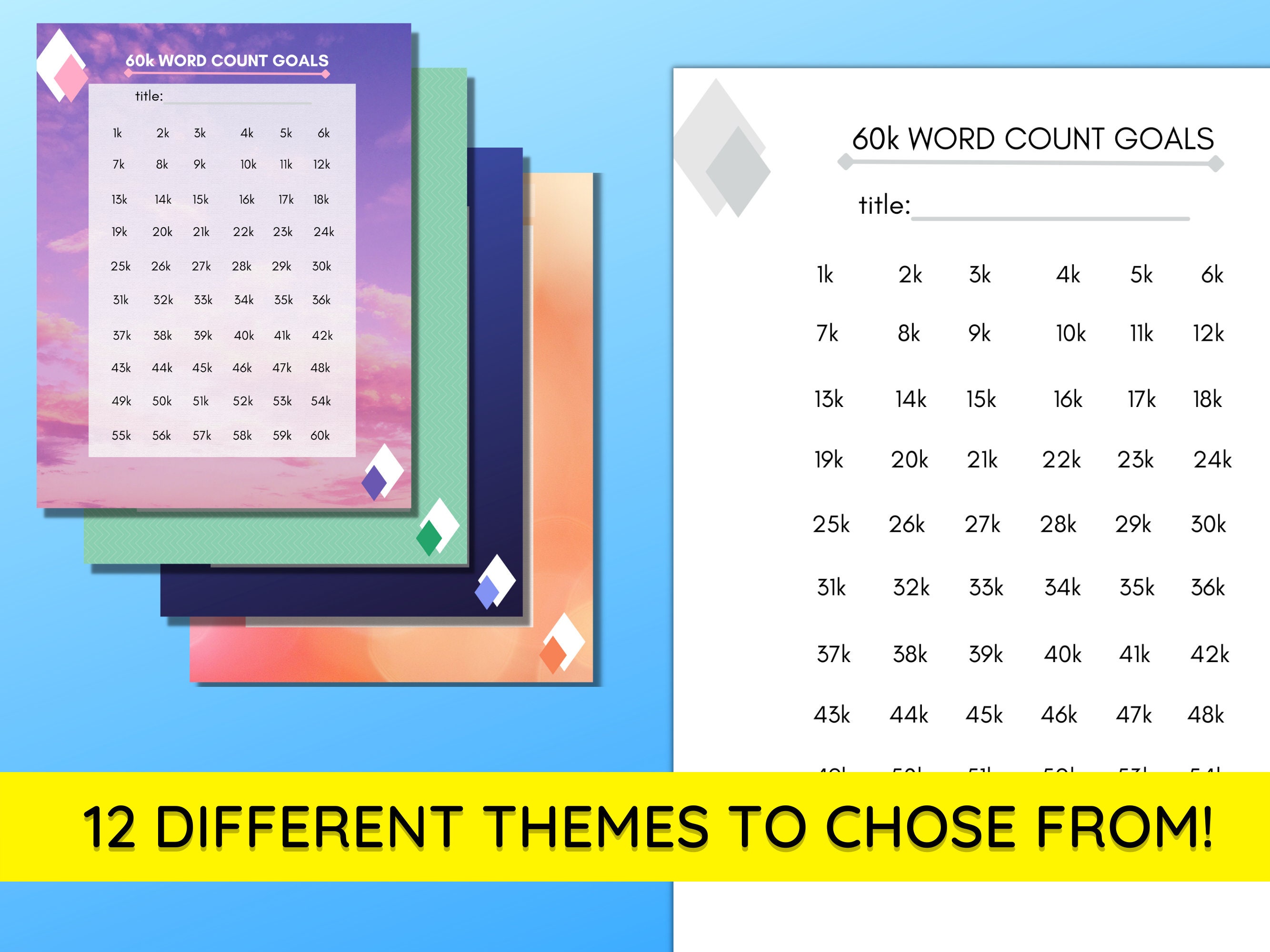 60k Word Count Printable | Word Tracker for Writers | Monthly Author ...