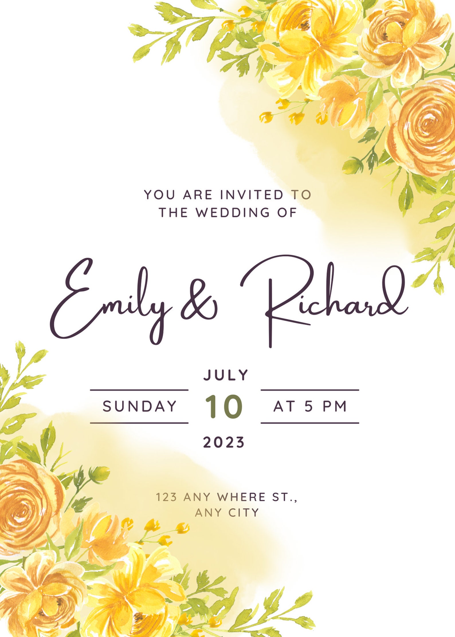 Wedding Invitation Floral Flowers EDITABLE TEMPLATE - Yellow Floral ...