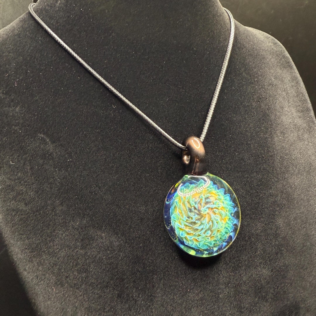 Blown Glass Pendant With Green and Blue Spiral and Electrum || Handmade ...