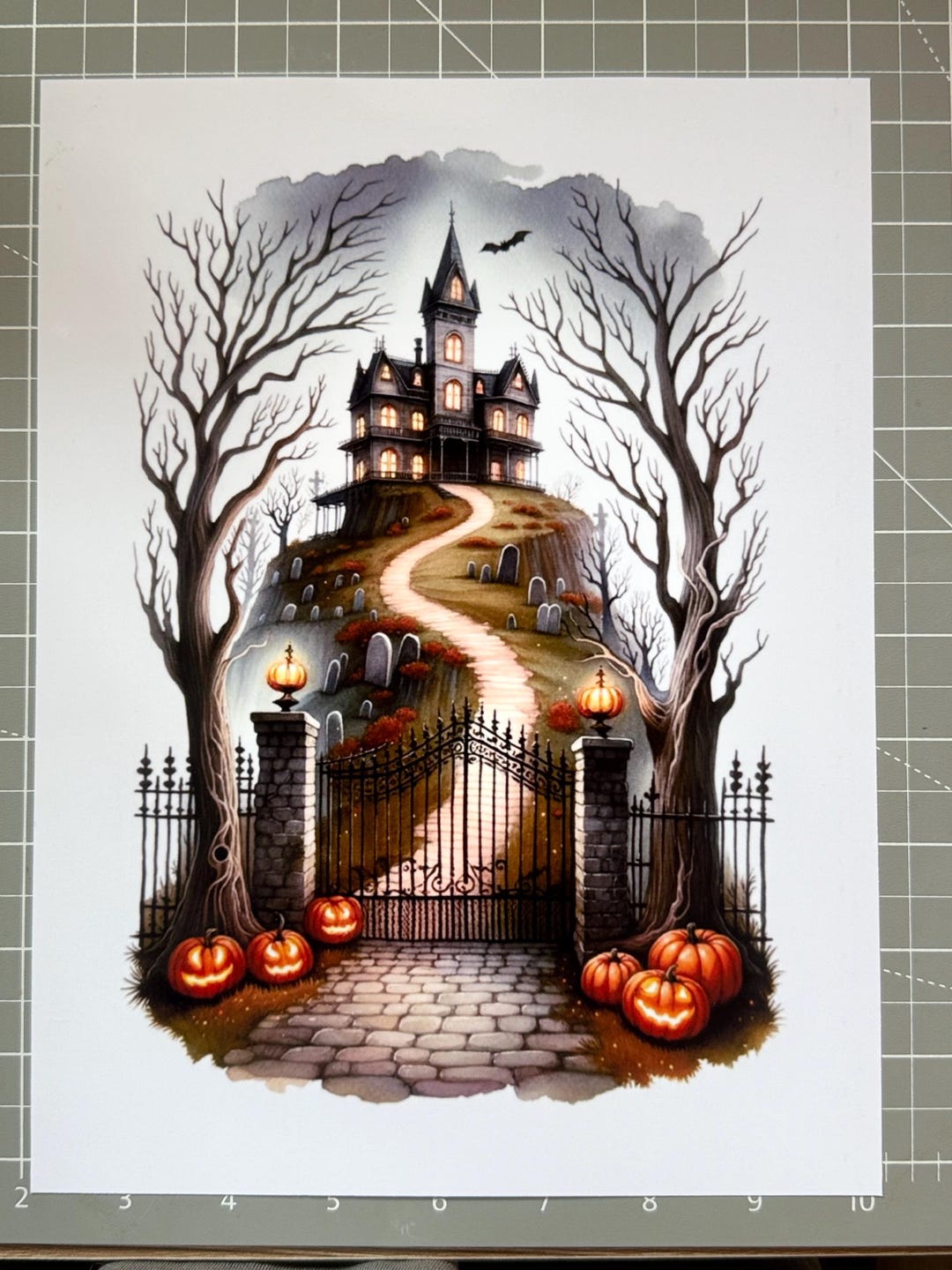 Halloween Scene With Wrought Iron Gate, Haunted Castle and Pumpkins ...