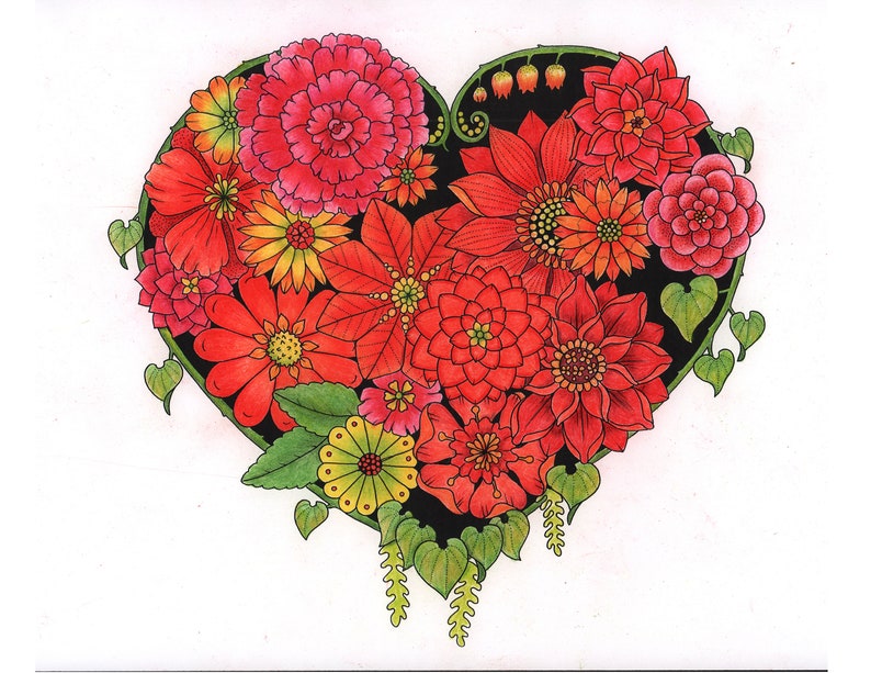 Heart of Flowers Coloring Page - Etsy