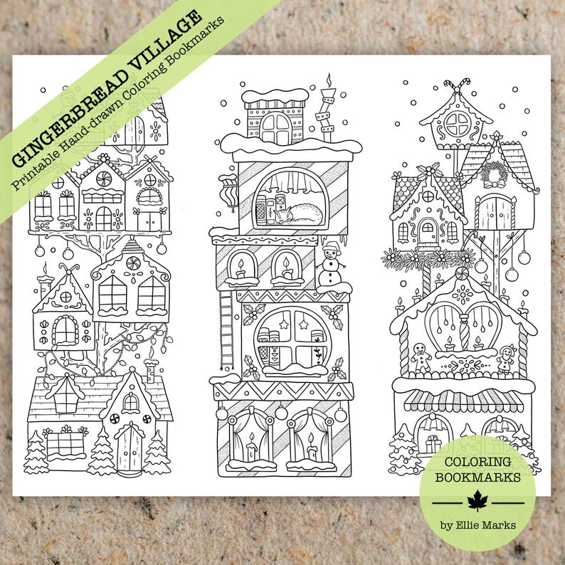 Gingerbread Village Coloring Bookmarks: Christmas Printable (PDF JPG ...