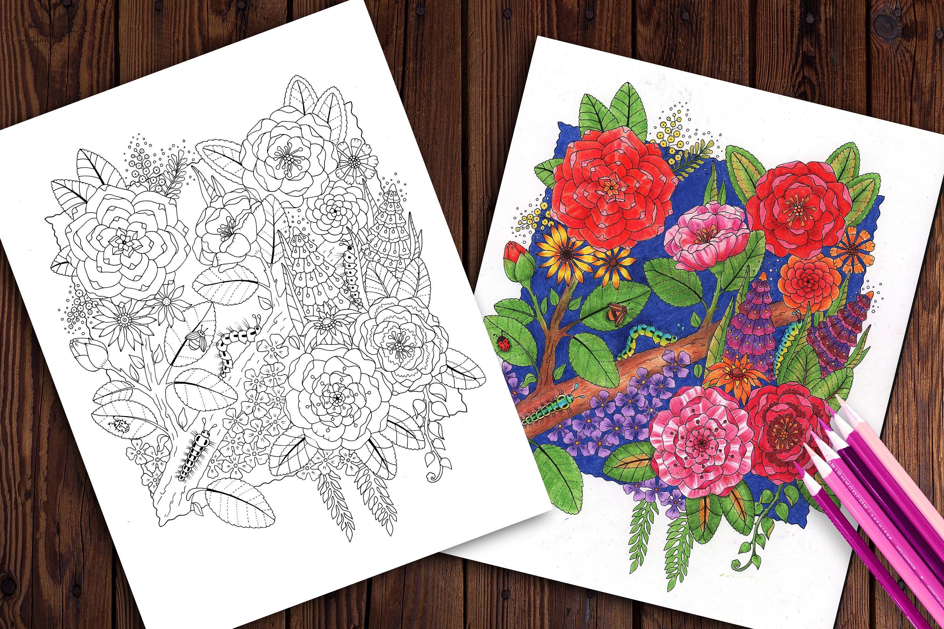 Camellias+caterpillars Coloring Page - Etsy