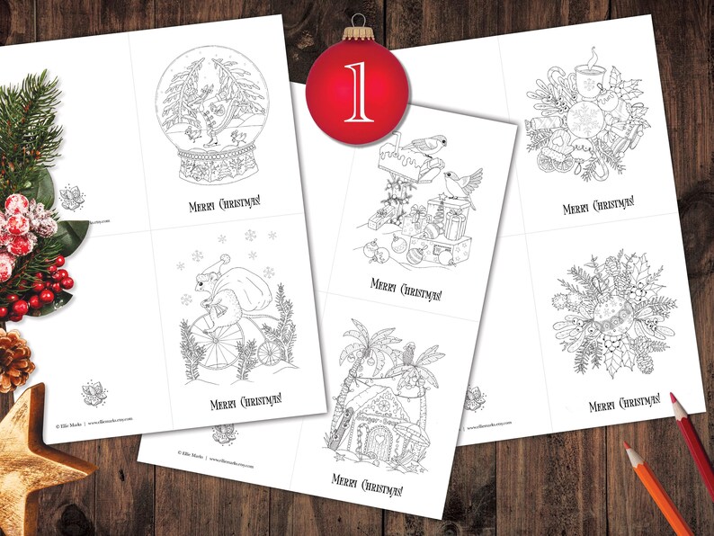 Set of 30 Printable Coloring Christmas/holiday Greeting Cards - Instant ...